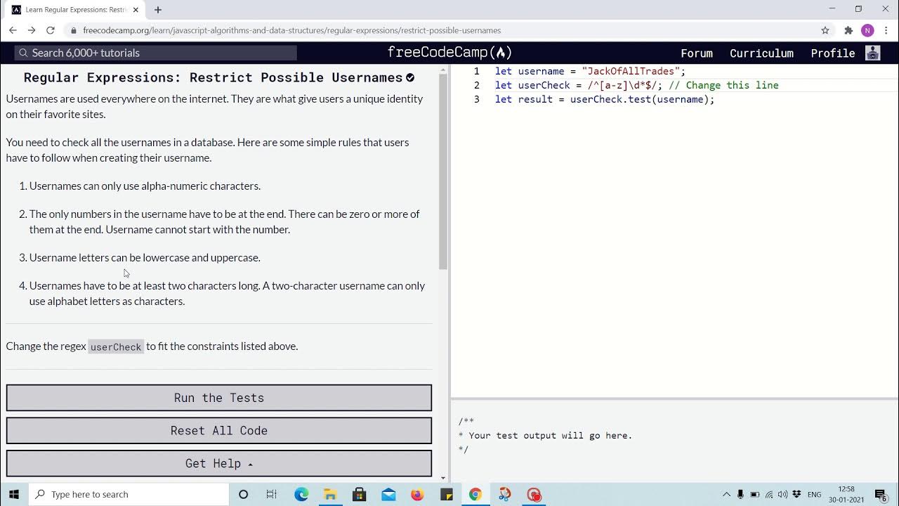 Tutorial 22 - restrict possible usernames using regex - exercise - freecodecamp - YouTube