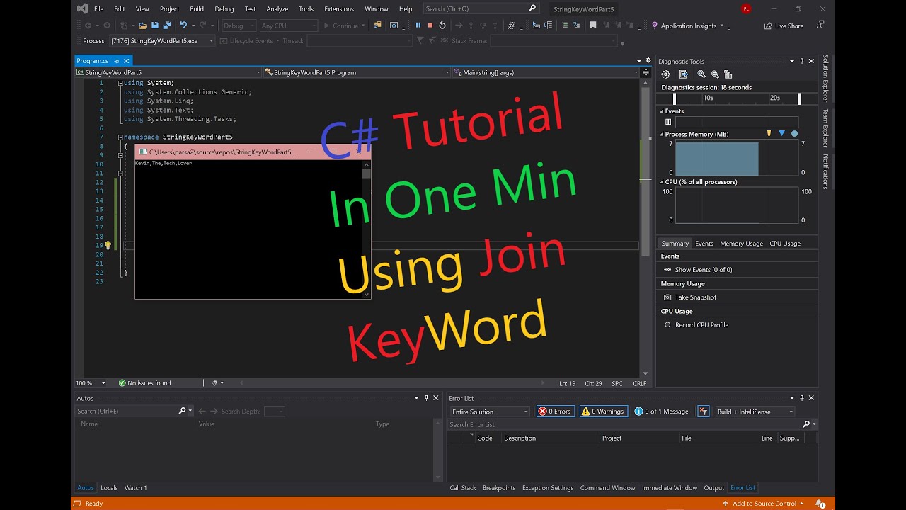 C C Sharp Tutorial In One Min Using Join Keyword Console App Youtube