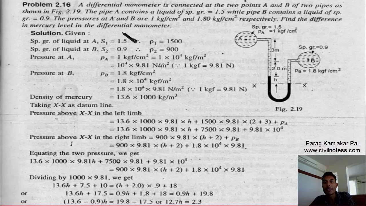 Differential manometer fluid mechanics numerical in Hindi by PARAG PAL - YouTube