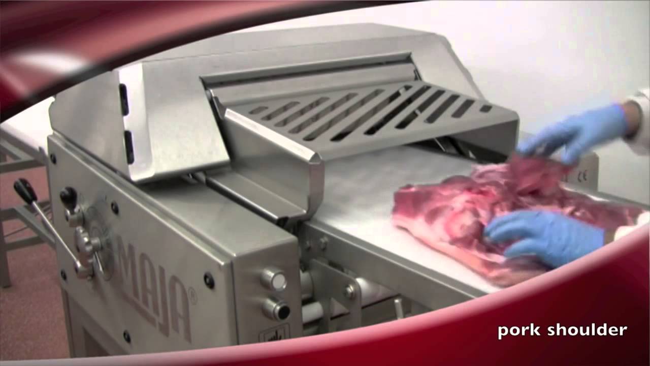 Conveyorized derinding machine BXA plus 434 with cutting command MAJA Maschinenfabrik - YouTube