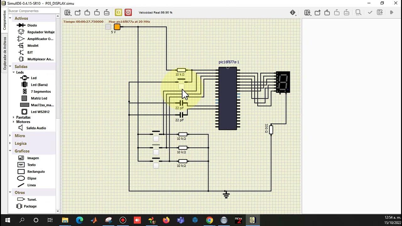 PIC 16F877A Simulador SimulIDE Display de 7 segmentos, numeración con 3 botones de entrada - YouTube