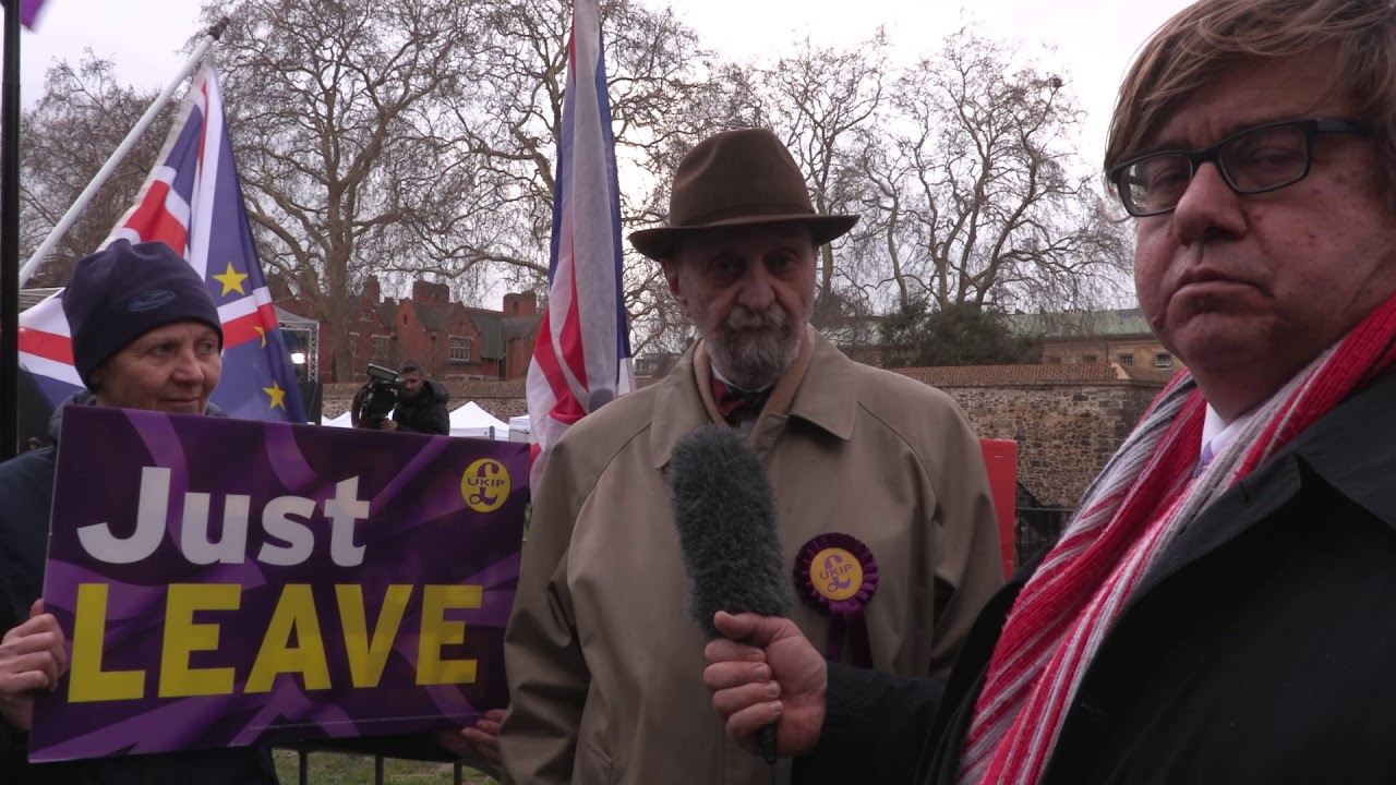 Richard Riddle UKIP Ipswich interviewed outside Westminster March 2019 ...