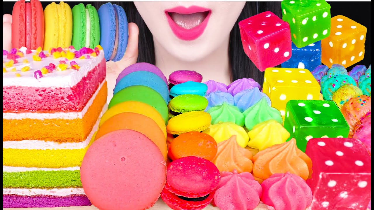 ASMR RAINBOW FOODS *EDIBLE DICE, CANDY, UNICORN STICK 무지개 케이크, 주사위 먹방 ...