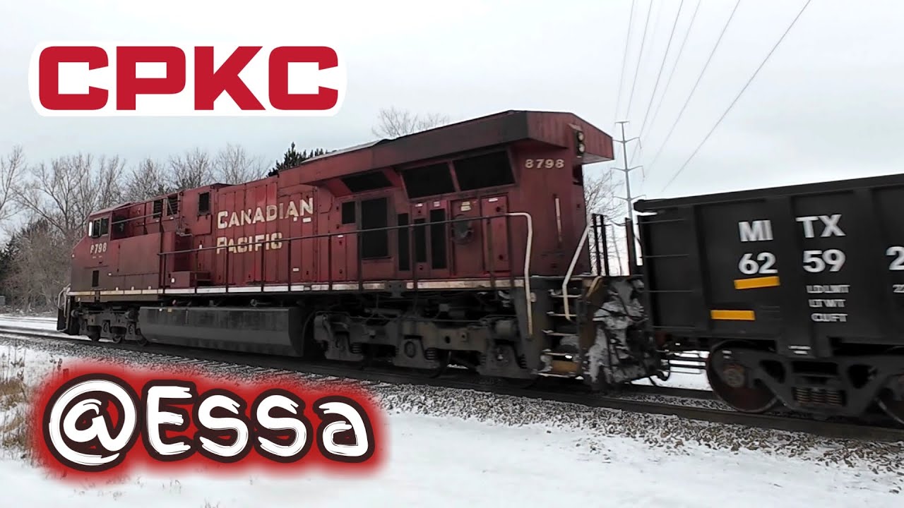Long and heavy CPKC mixed manifest train grinds thru Essa on MacTier ...