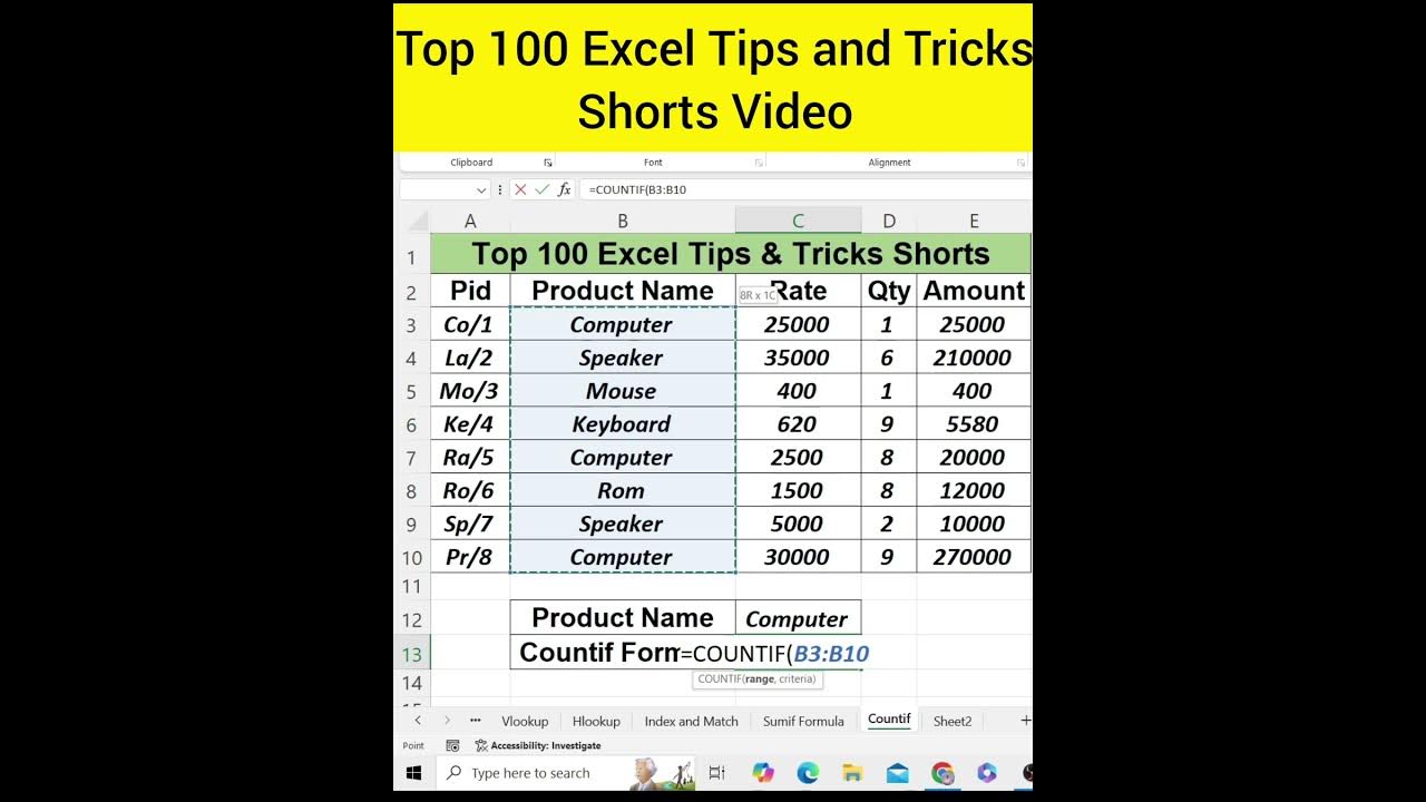 #7 Top 100 Excel Tips and Tricks Shorts Video | Deepak Jhanswa | Countif Formula in Excel | # ...