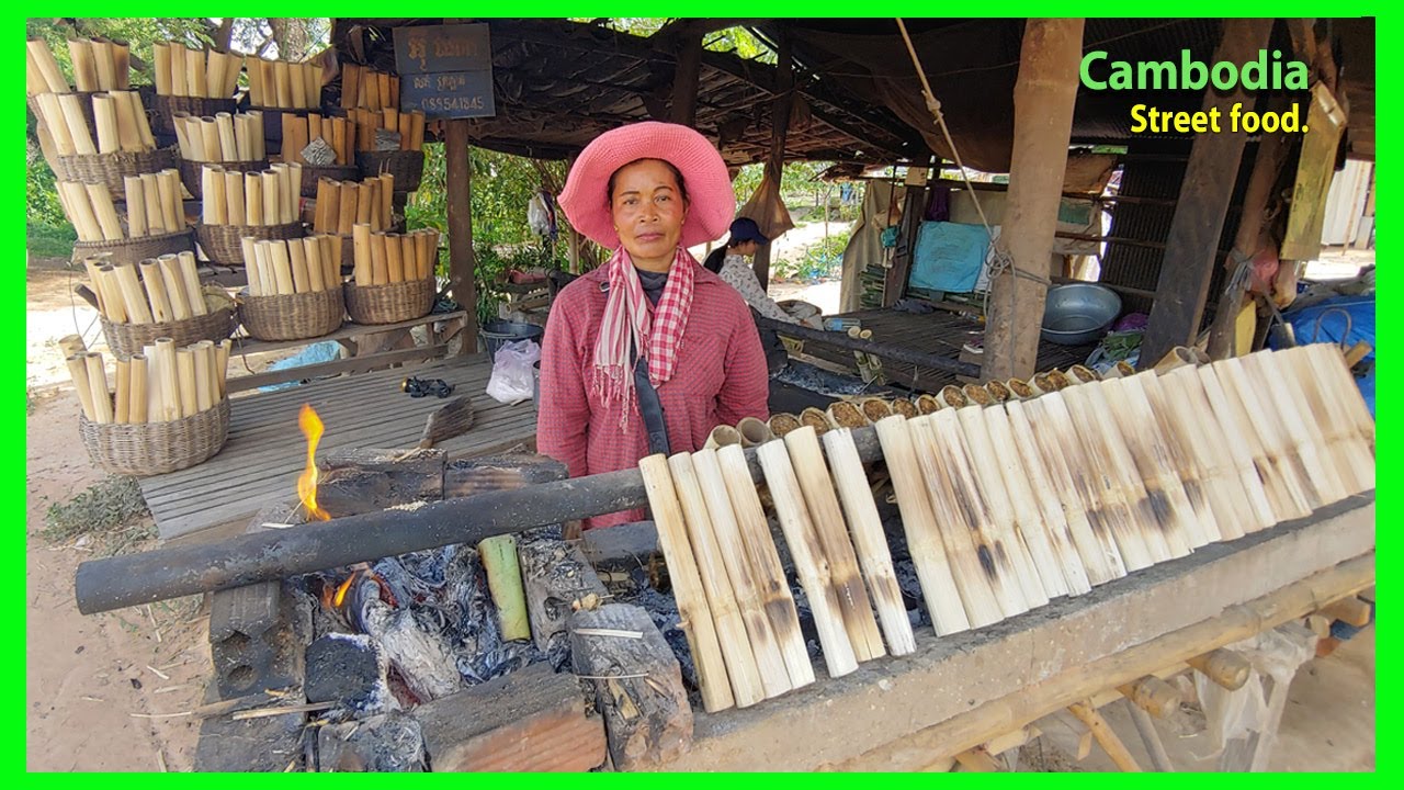 Grilled sticky rice in bamboo - Traditional Khmer food - Food tour ...