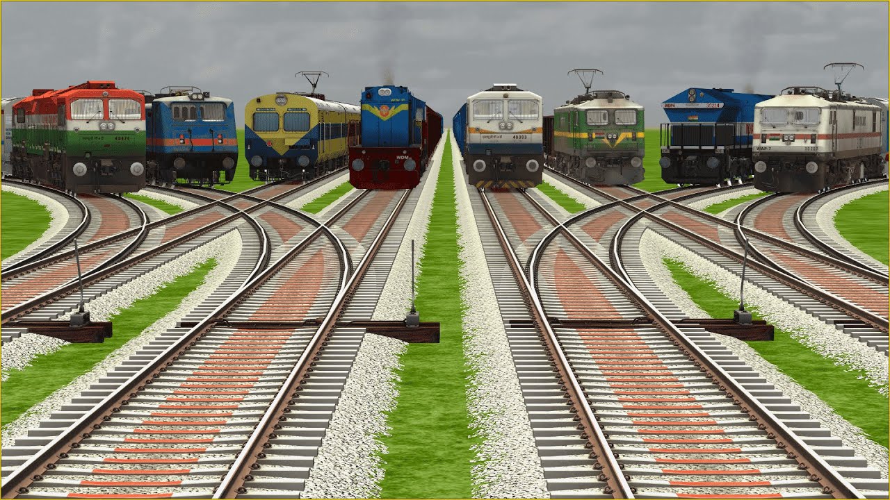 8 TRAINS CROSSING FROM CURVED GRADIENT 3D BRANCHED RAILROAD TRACKS ...