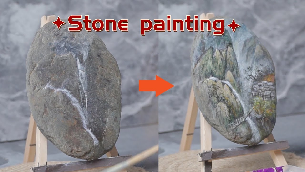 How to paint a valuable landscape painting on top of a stone - YouTube