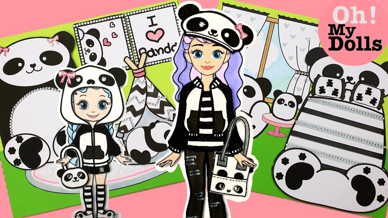 DIY PAPER DOLL PANDA THEMED DOLLHOUSE BEDROOM DECORATION & DRESS ...