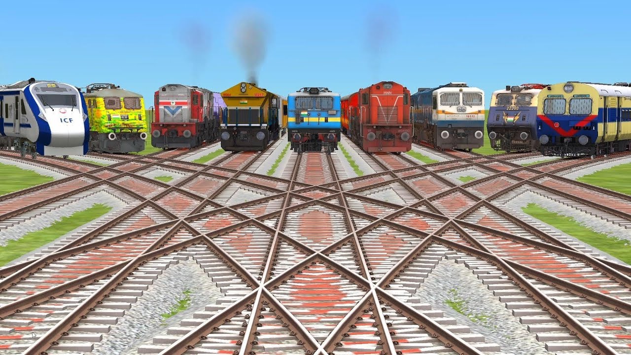 NINE RAILGADI CROSSING AT DAIMOND RAILROAD TRACKS CORVED BRANCHED ...