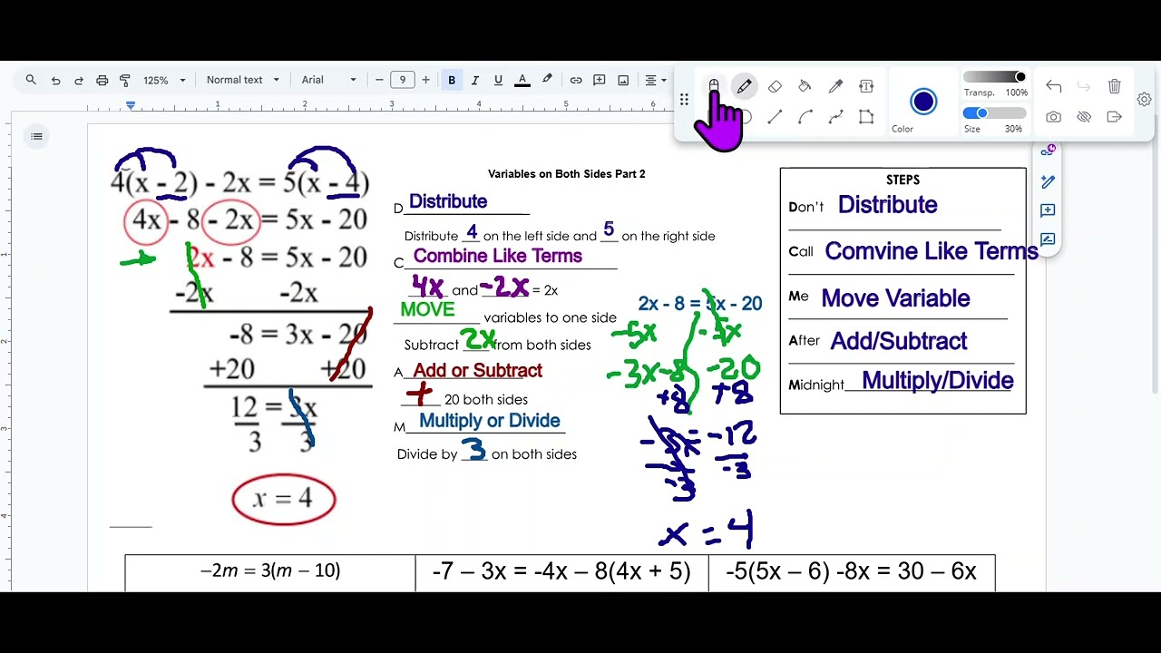 Multi-step Equations with Variables on Both Sides of the Equal Sign ...