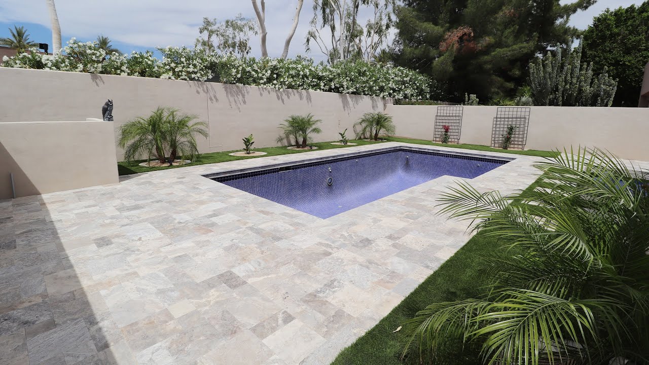 Travertine and Artificial Turf Around Swimming Pool - YouTube
