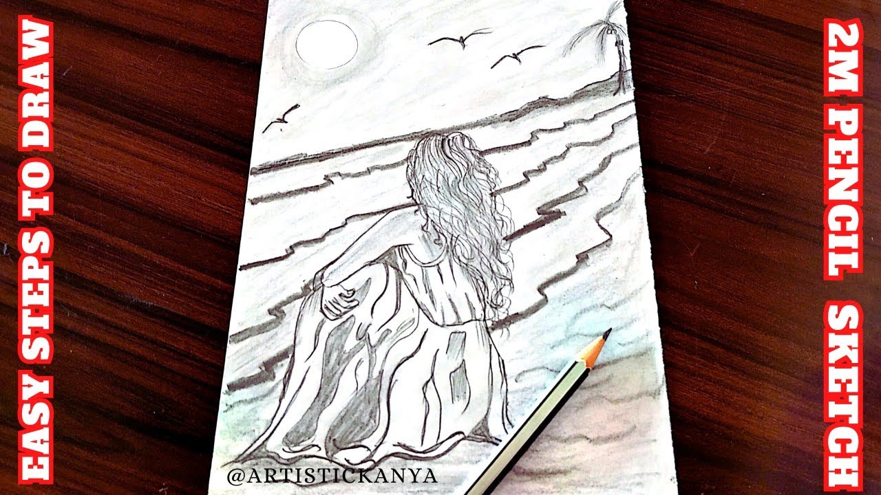 Alone Girl Sitting On Beach Drawing/How to draw a sad girl sitting on ...