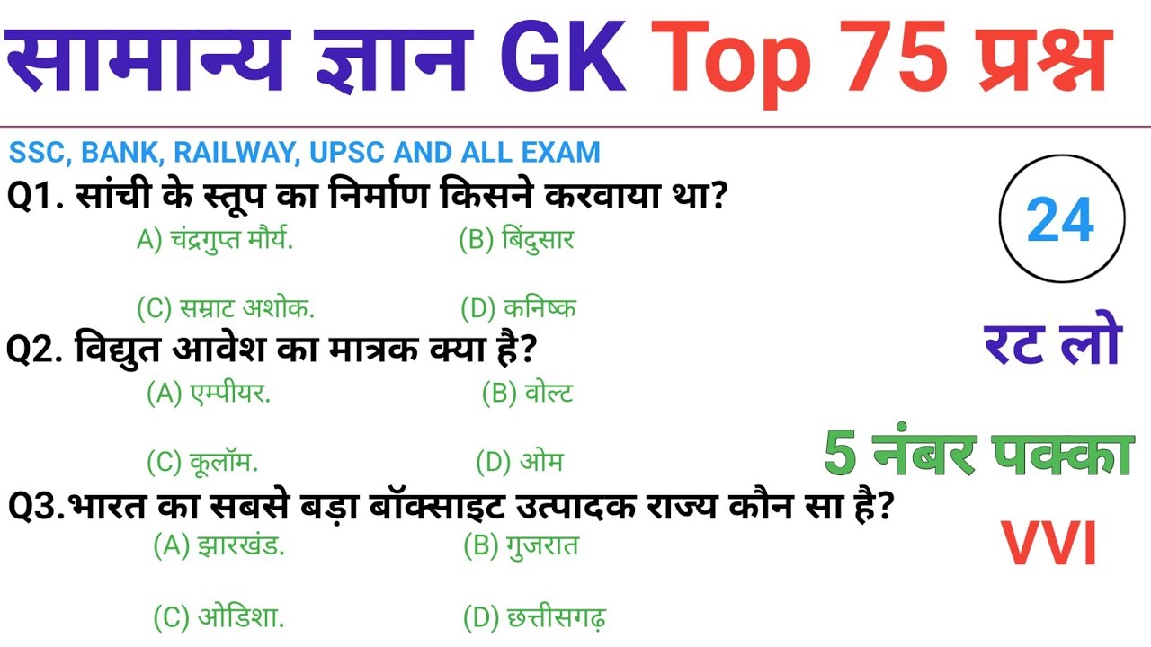सामान्य ज्ञान Top 75 mcq | General Knowledge Question Answer | GK GS ...