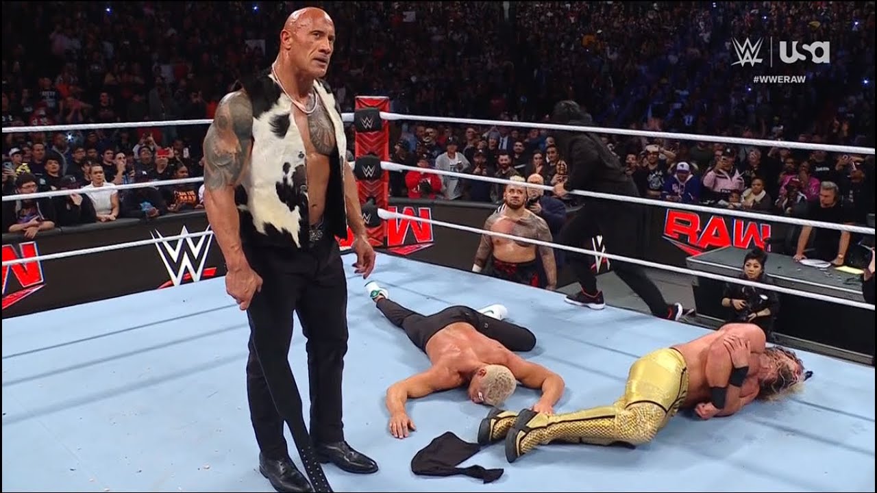 The Rock attacks Cody Rhodes and Seth Rollins - WWE RAW 4/1/2024 - YouTube