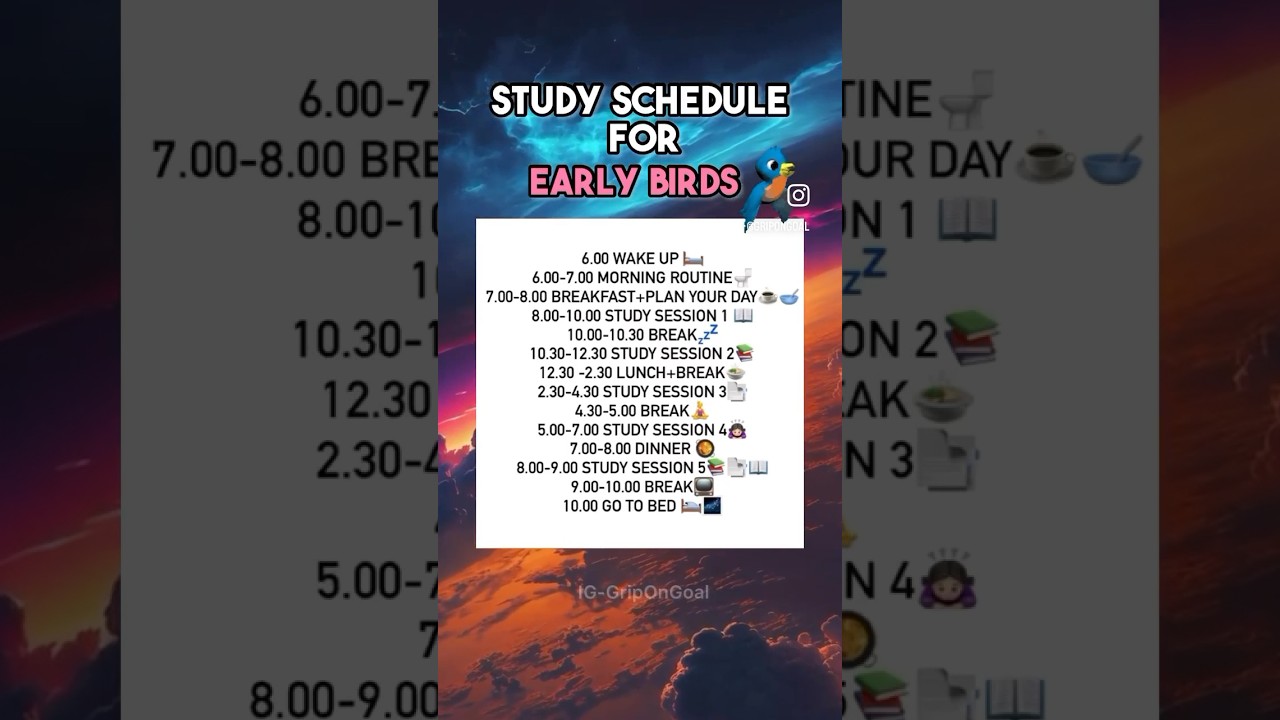 Study schedule for early birds 🦅 #studytimetable #earlybird #students ...
