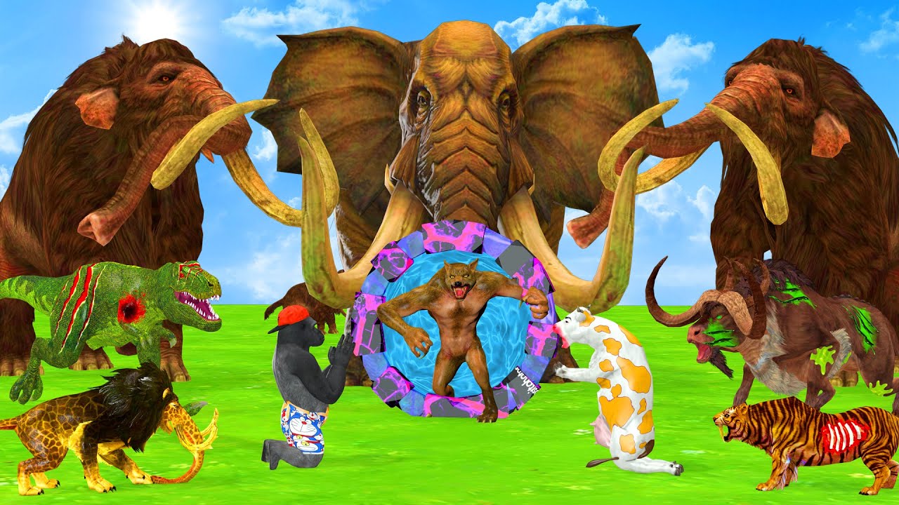 5 Mammoth Elephant Cow vs 5 Giant Wolf Tiger vs Zombie T-rex Fight Cow ...