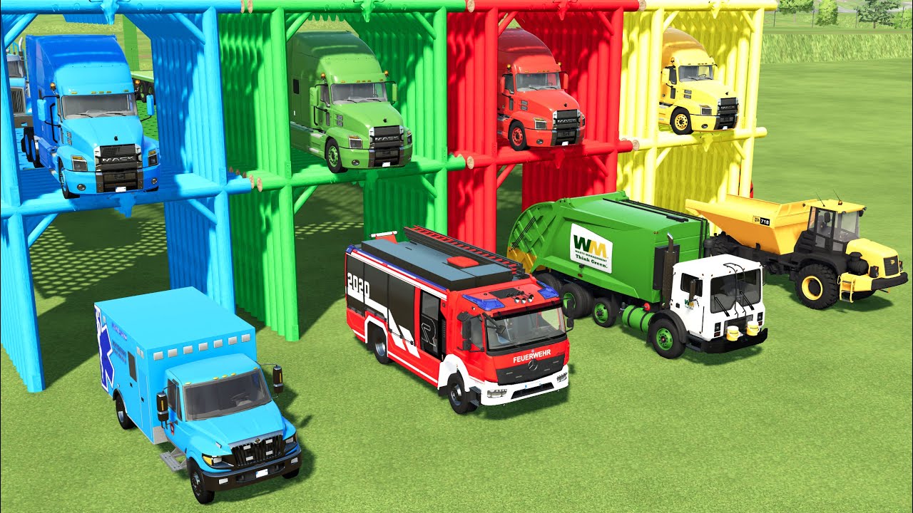 TRANSPORTING YELLOW DUMP TRUCK, GARBAGE TRUCK, FIRE TRUCK, AMBULANCE ...