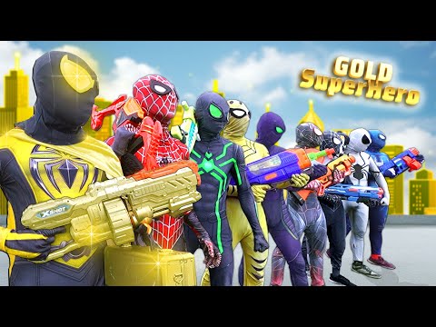 GOLDEN is New SuperHero ? Hey All Spider-Man Bros Take Nerf Gun and Go To Trainning ( Comedy Funny )
