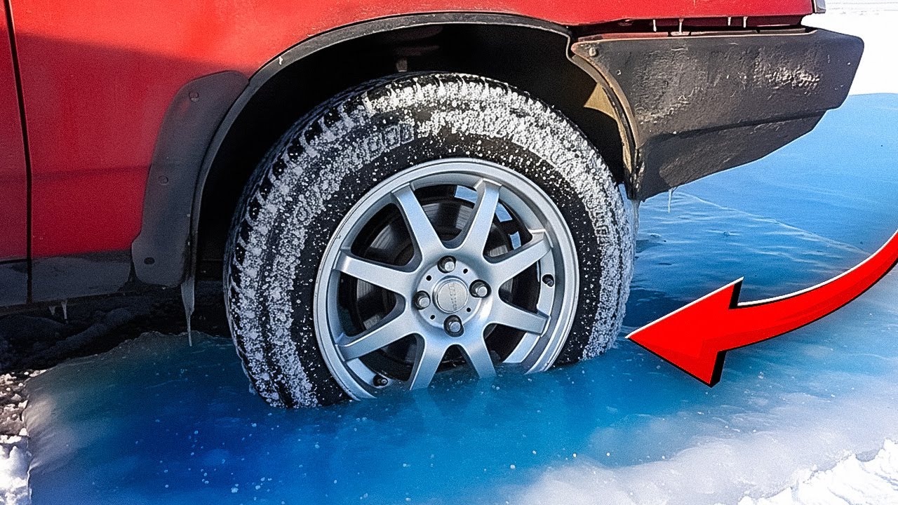 Wheels frozen into ice - can a car drive out? - YouTube