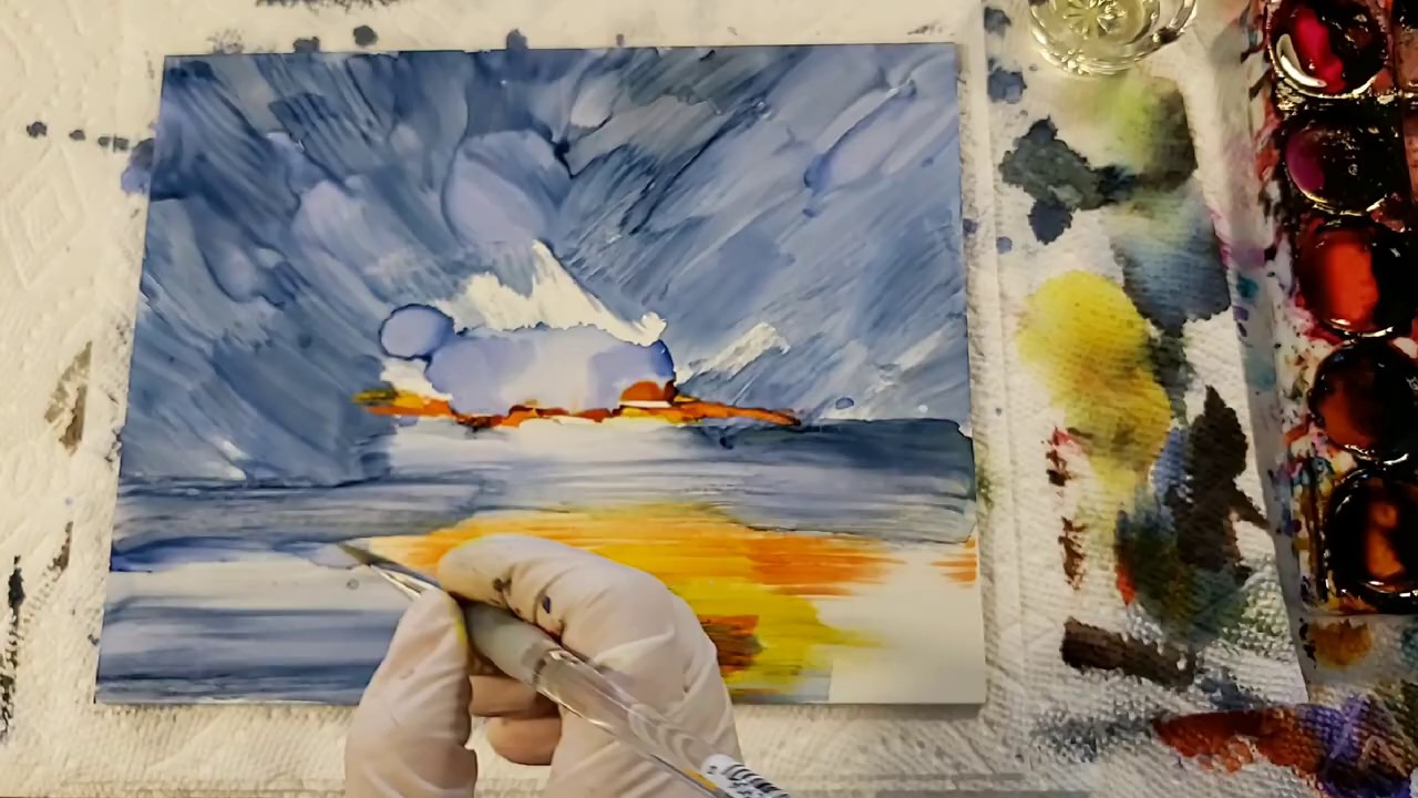 Alcohol ink painting sunset on water - YouTube