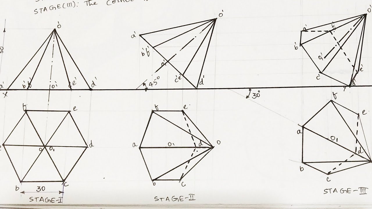 Projections Of Solids: Hexagonal Pyramid : In 3stages - YouTube