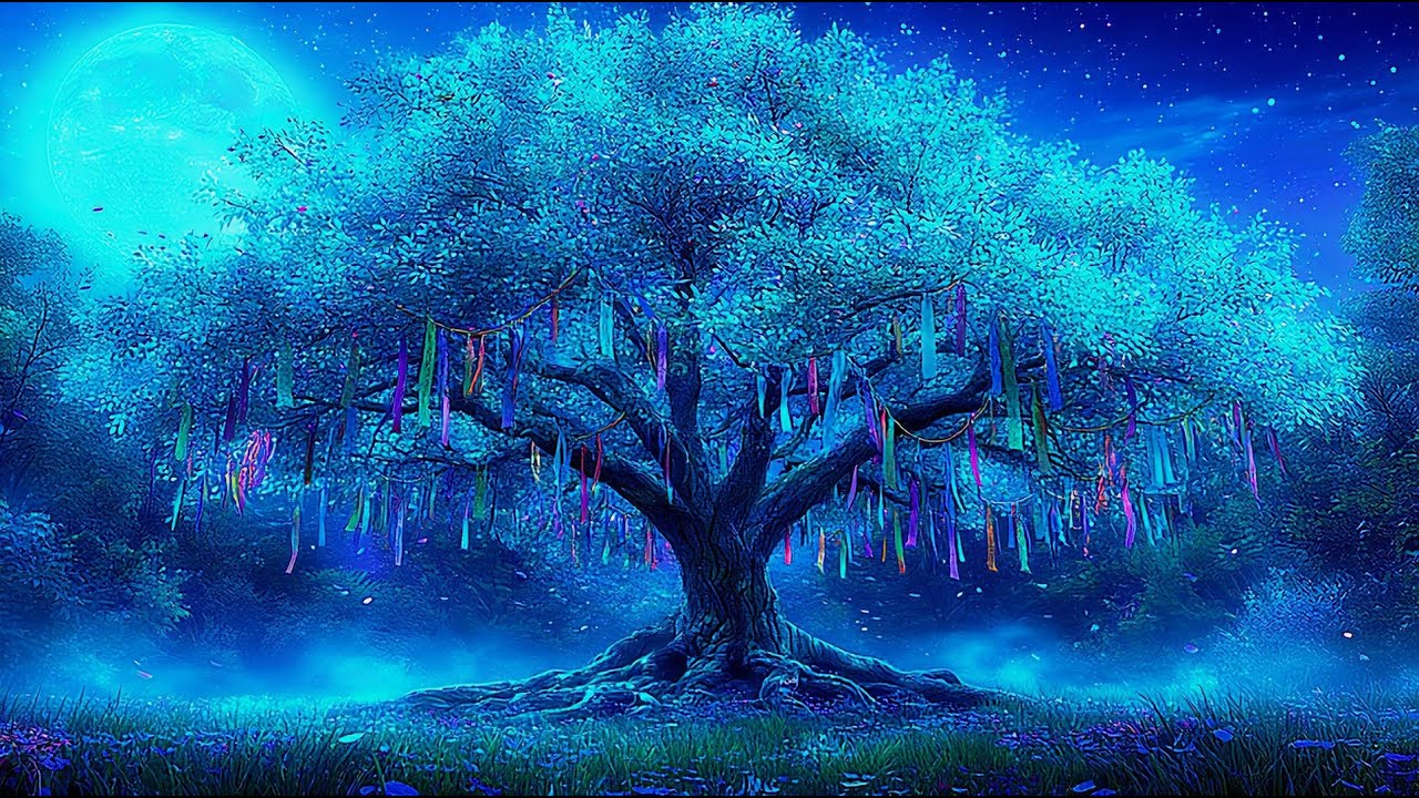 Magical Ribbon Tree Under Blue Moon 🌙 Deep Ambient Sleep Music for ...