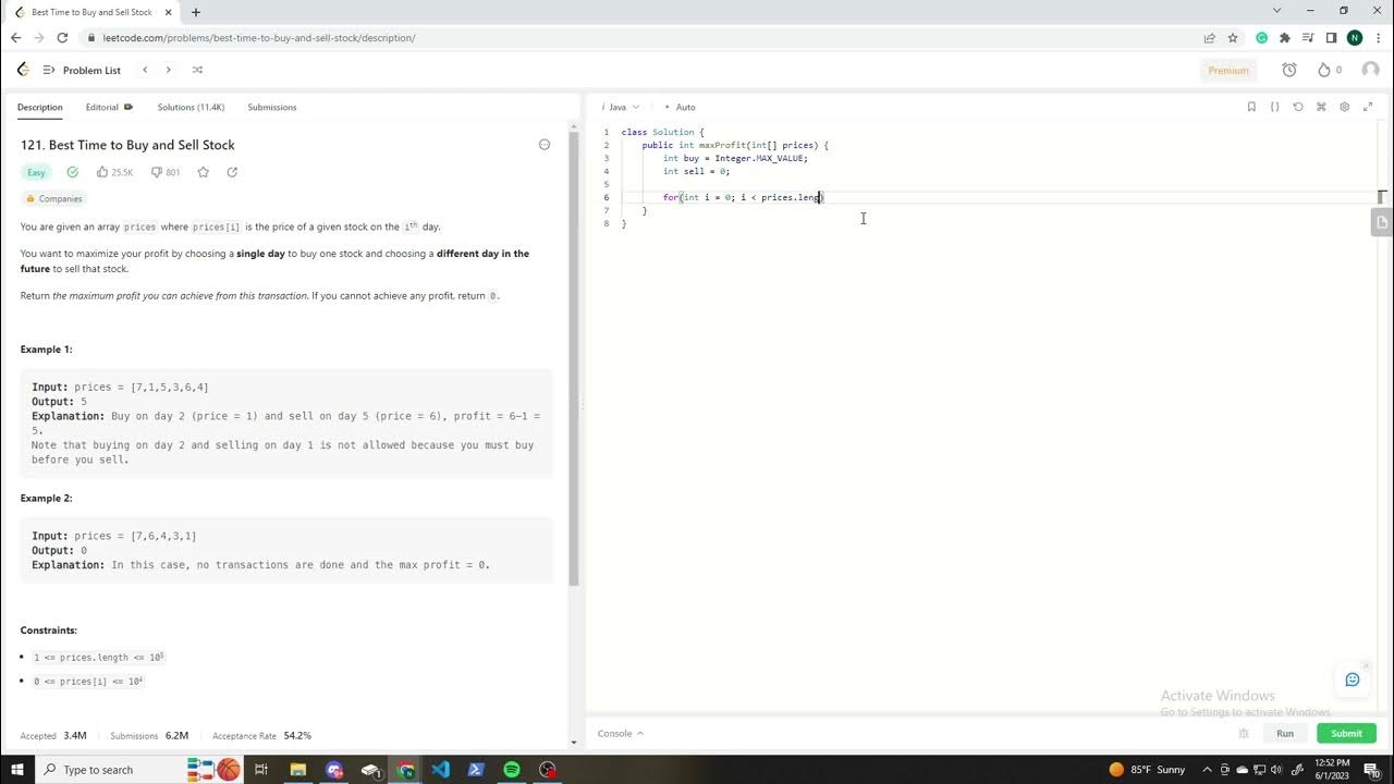 Solving LeetCode Best Time to Buy and Sell Stock Problem - Java - YouTube