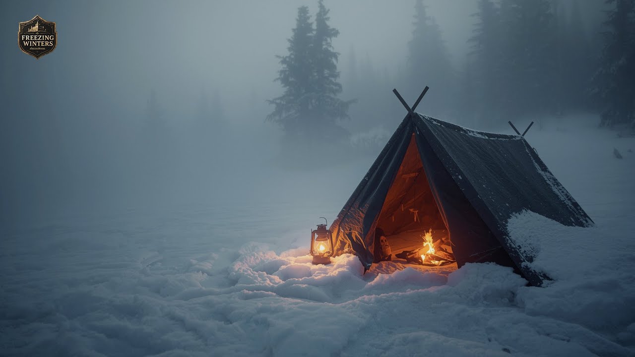 Blizzard Survival Camp┇Warm Fire and Lantern in the Cold Winter Night ...