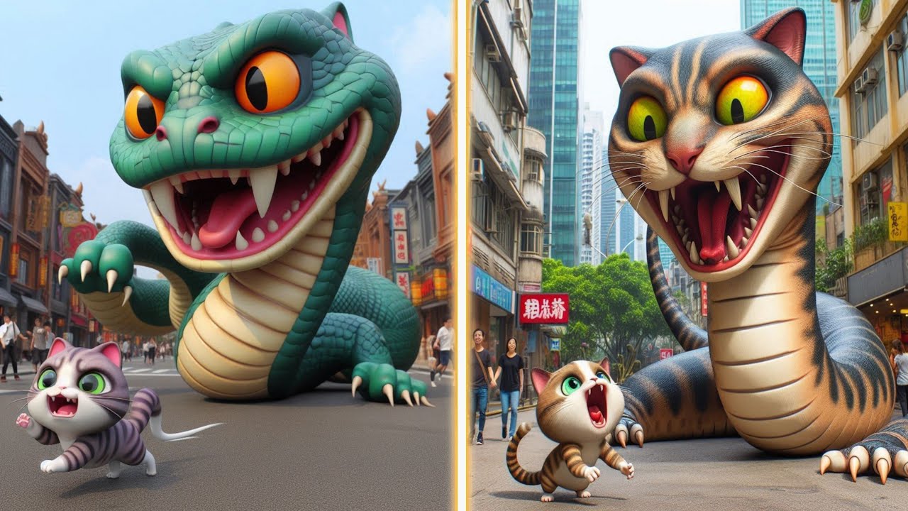 A giant snake shaped cat and a baby cat terrorize people on the streets ...