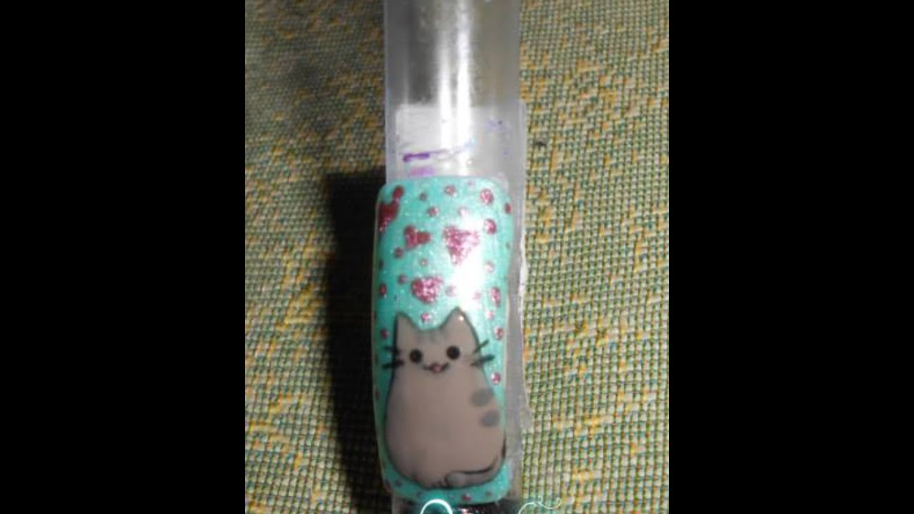 Nail art tutorial PUSHEEN THE CAT in gel - YouTube