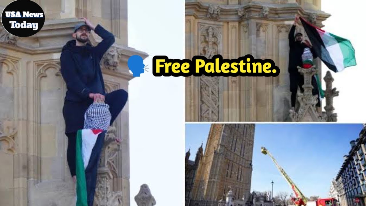 🗣️ Free Free Palestine.. Protester with Palestinian flag scales ...