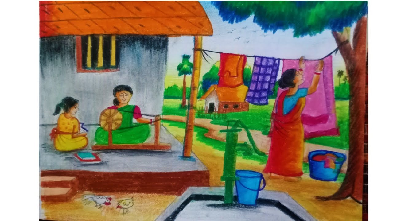 Howto draw village scenery drawing/Working women/village scenery with ...