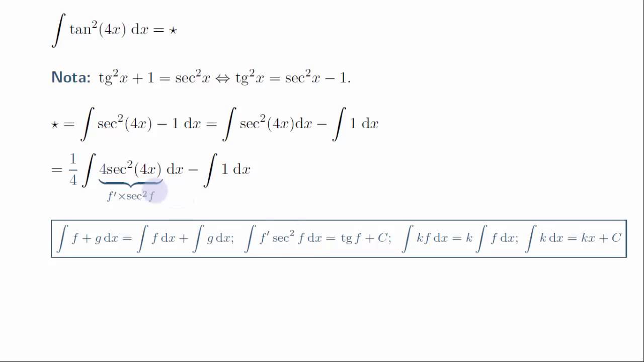 Primitiva de potência trigonométrica tan^2(4x) - YouTube
