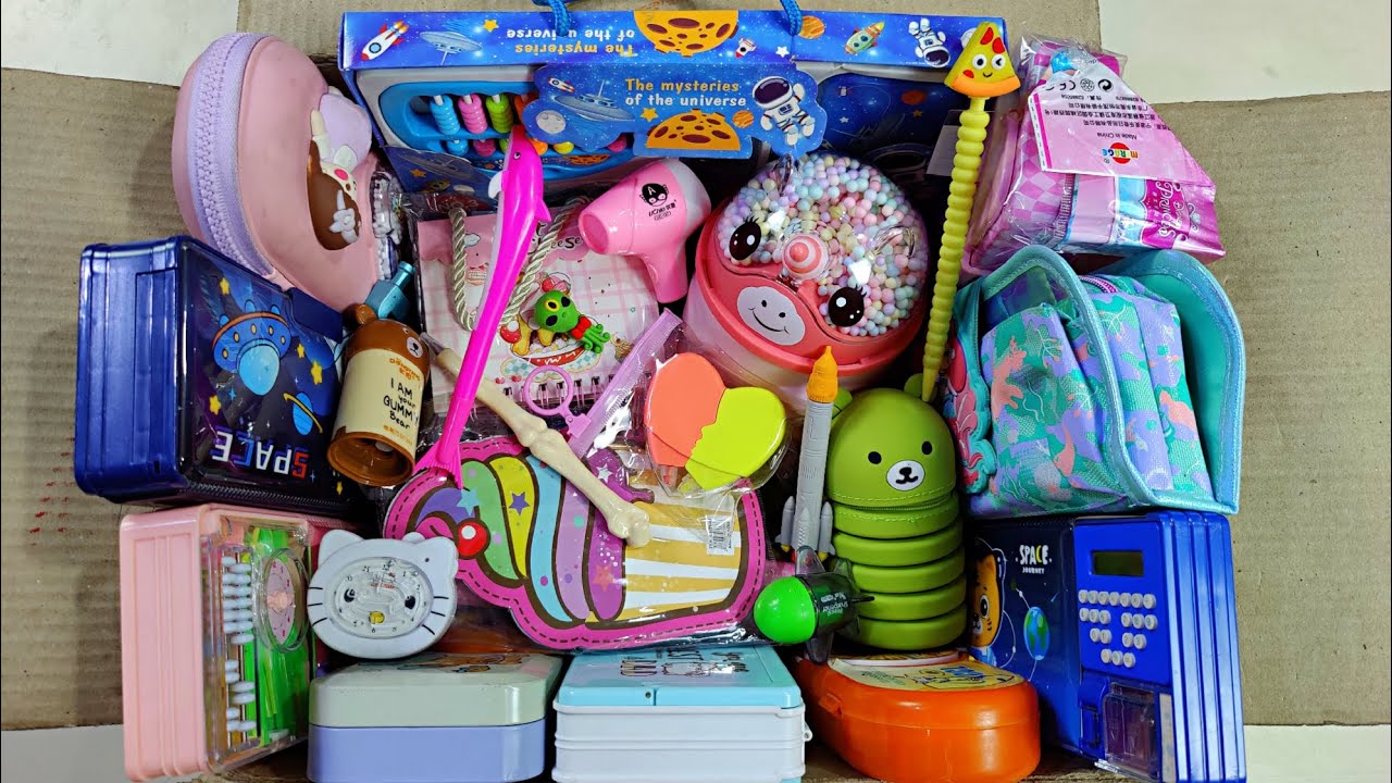 all types of stationery items, pencil box, colour, eraser, pencil ...