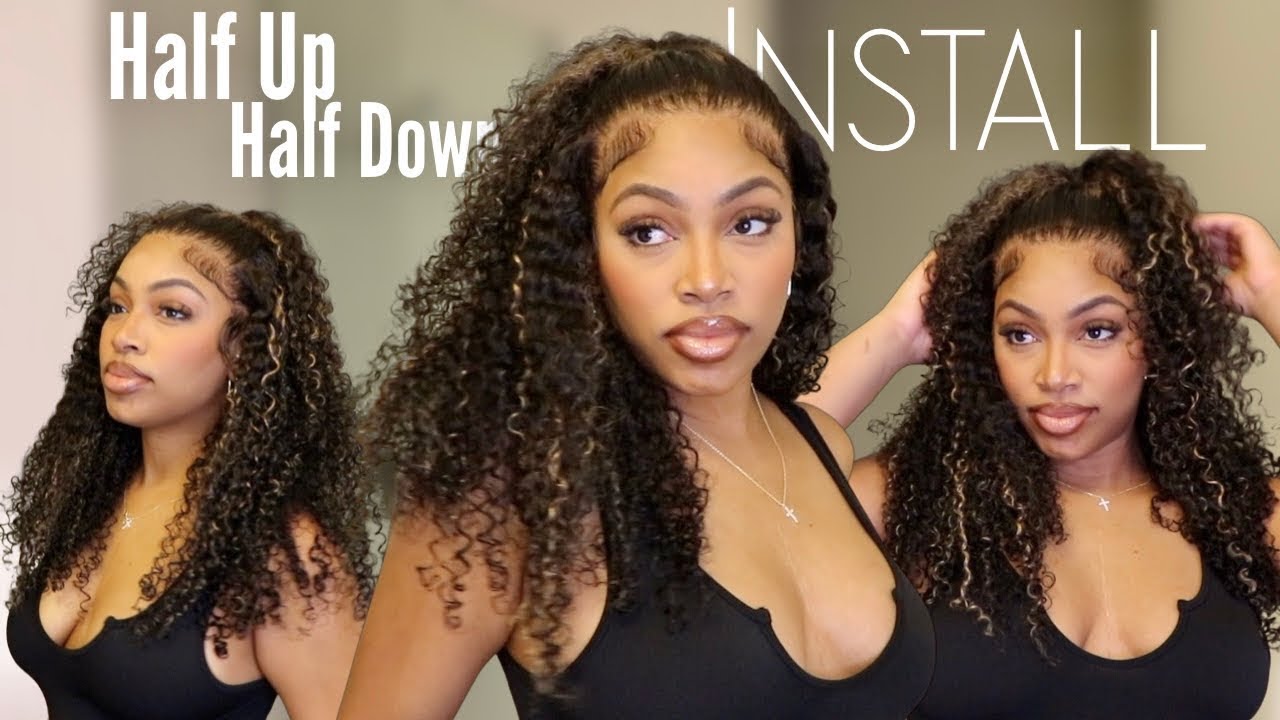 *CHIC HALF UP- HALF DOWN* The Perfect Balayage Highlight Curly Wig Frontal Install~ FT. Nadula ...