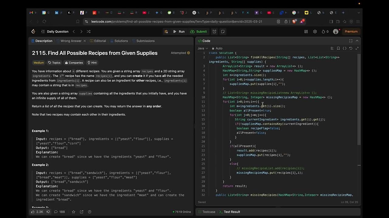 Bruteforce approach for 2115. Find All Possible Recipes from Given ...
