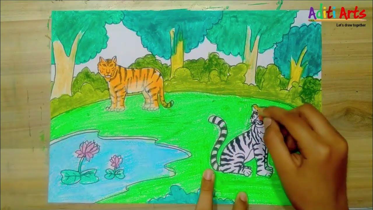 How to draw Jungle | Jungle Drawing Easy | Forest Drawing Easy | Jungle Drawing with Animals ...