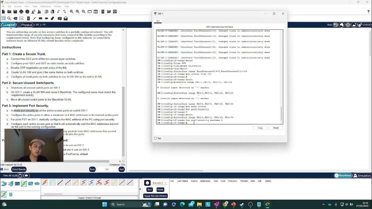11 6 1 Packet Tracer Switch Security Configuration Youtube