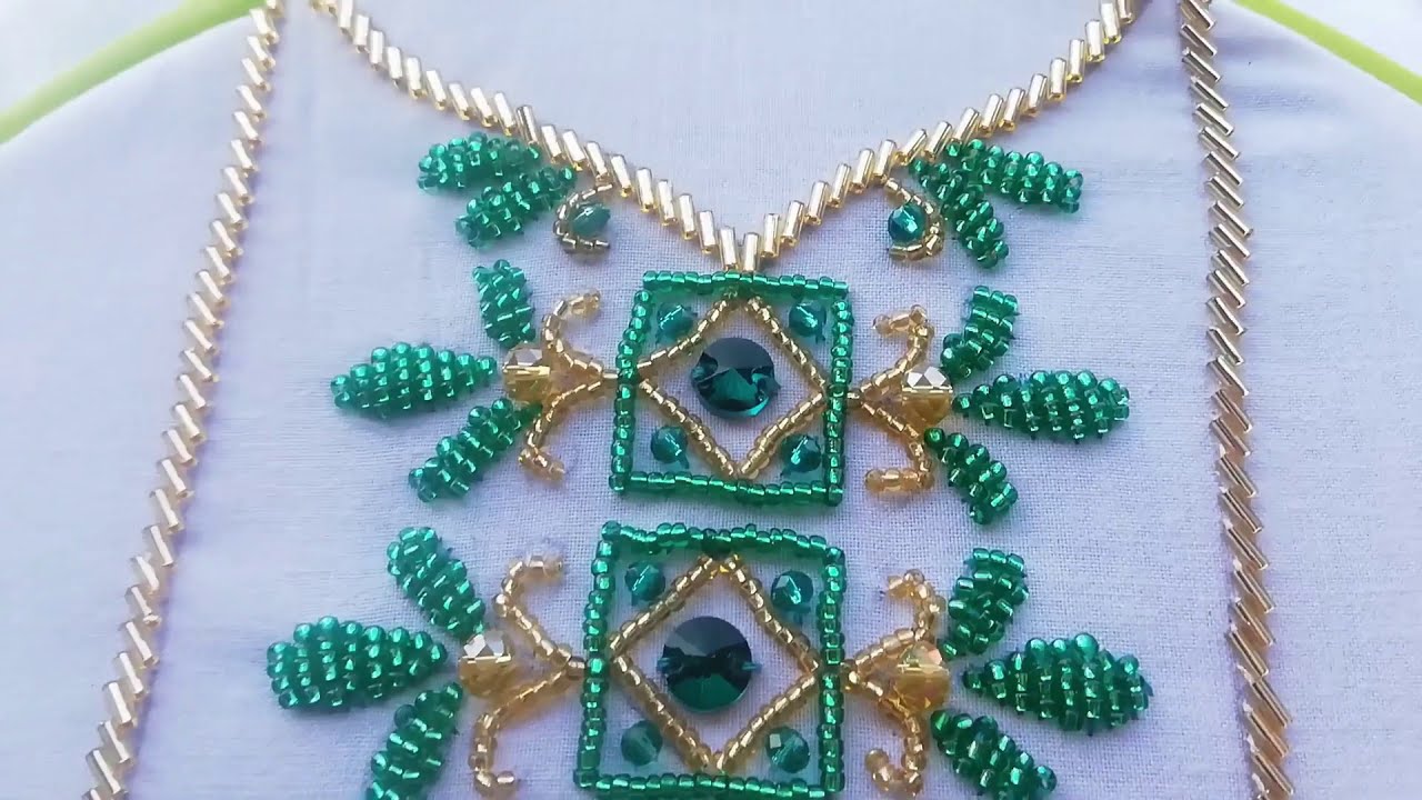 hand embroidery,neck design for dress beads work easy stitches - YouTube