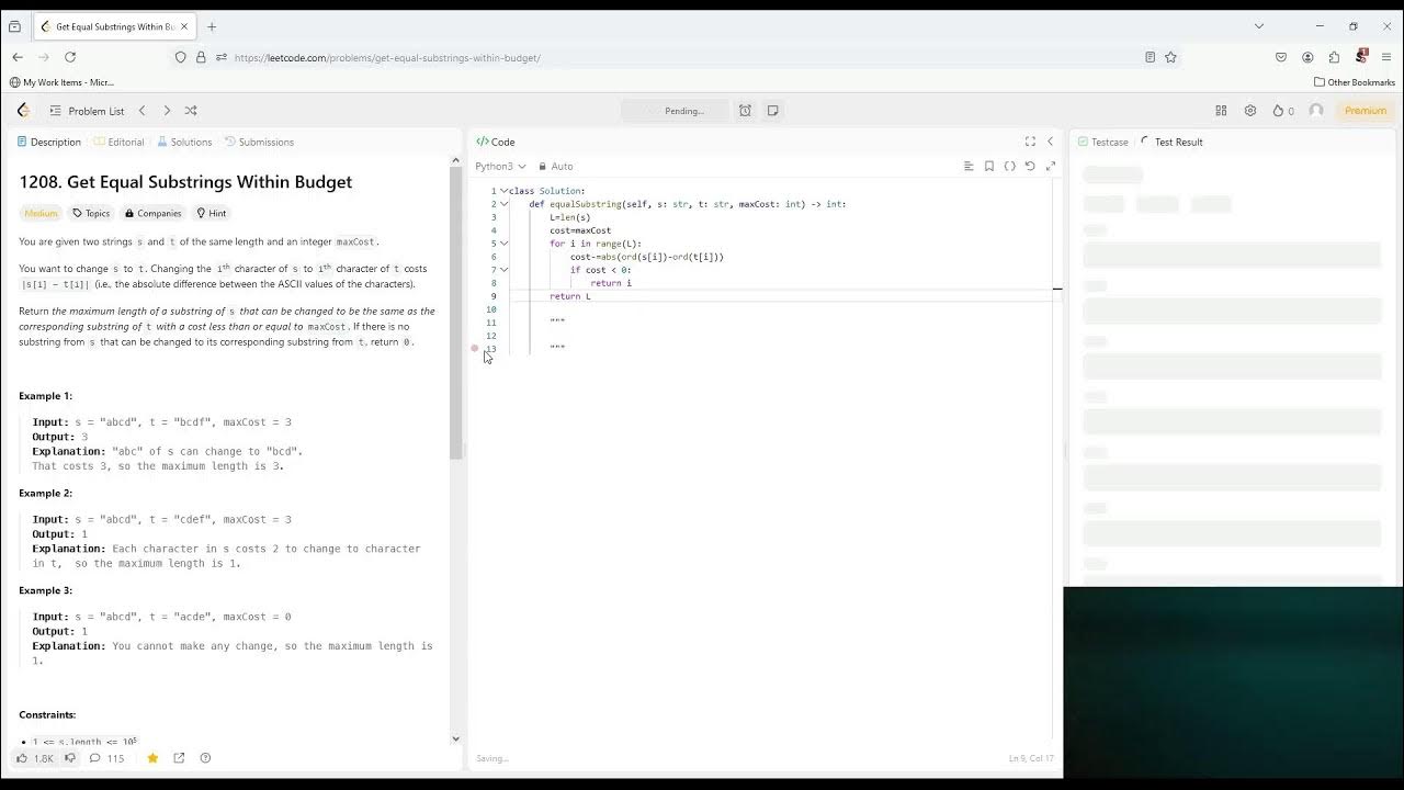 1208 Get Equal Substrings Within Budget Youtube