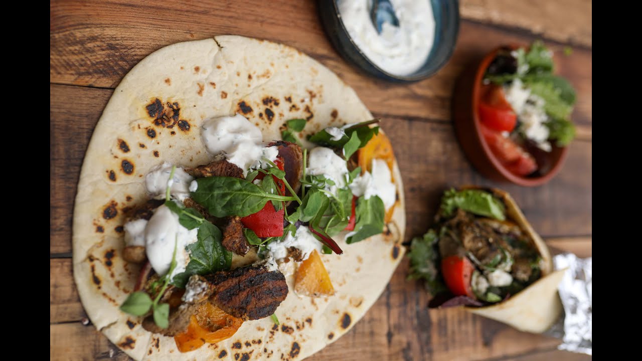 Steak, red onion & pepper kebabs with a feta & tomato salad - YouTube