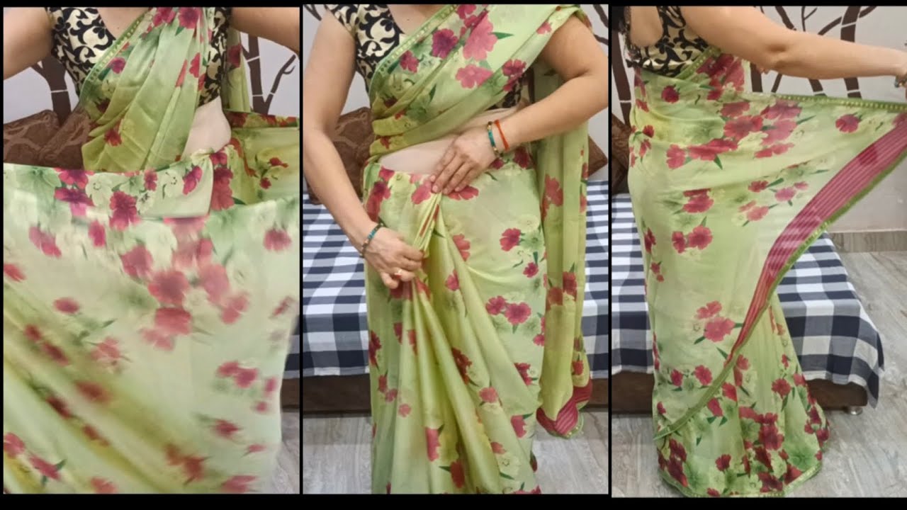 Georgette saree draping with perfect pleats | Jaipuri pure saree | saree tutorials for beginners ...