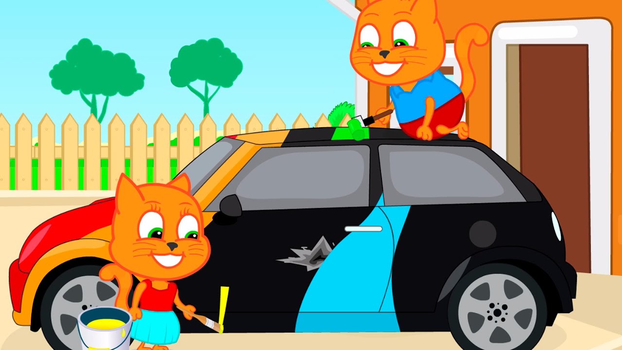 Cats Family in English - Drawing on dad's car Cartoon for Kids - YouTube