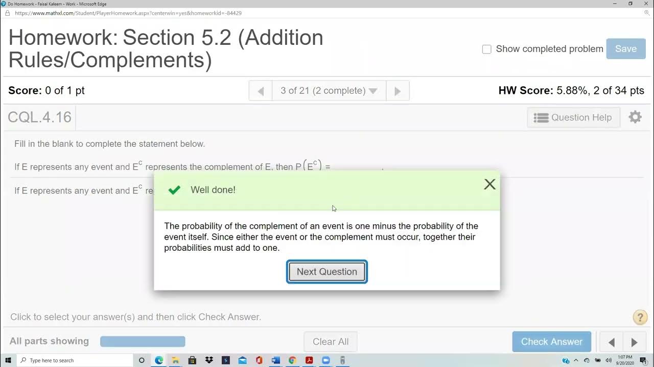 Elementary Stats Lesson 48: Intro to Addition Rule and Complement Rule (Section 5.2 Problems 1-8 ...