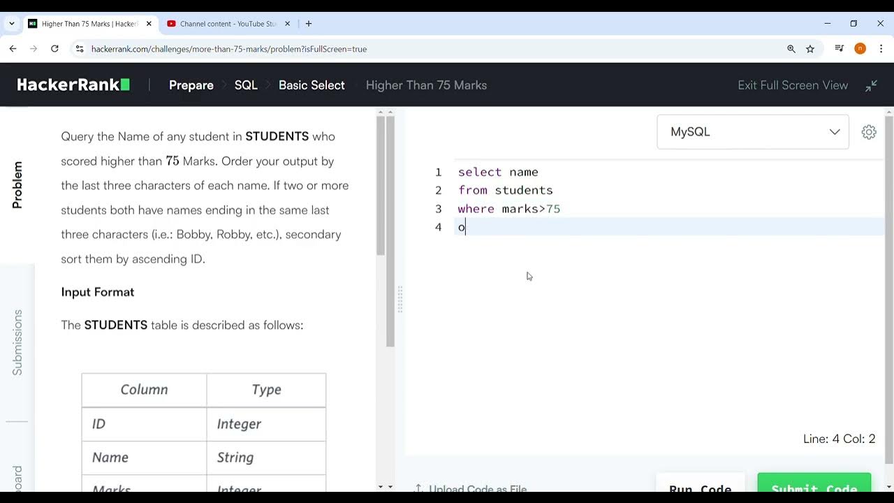 HackerRank Higher Than 75 Marks - YouTube