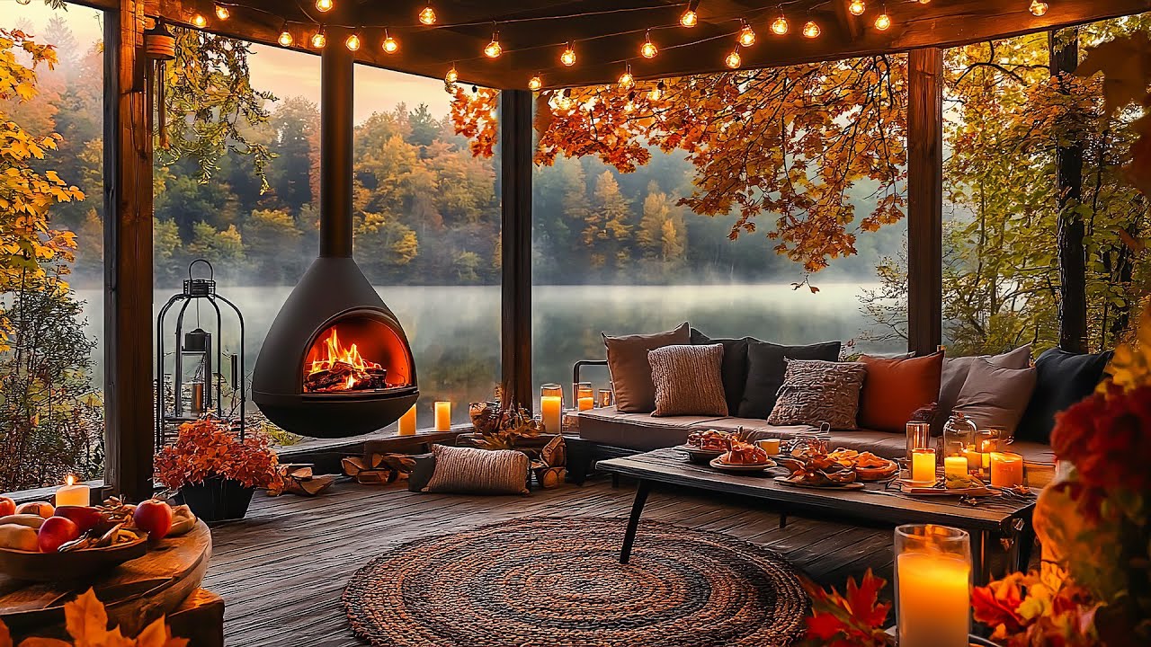 Autumn Cabin Ambience | Soothing Jazz and Fireplace Sounds in the Fall ...