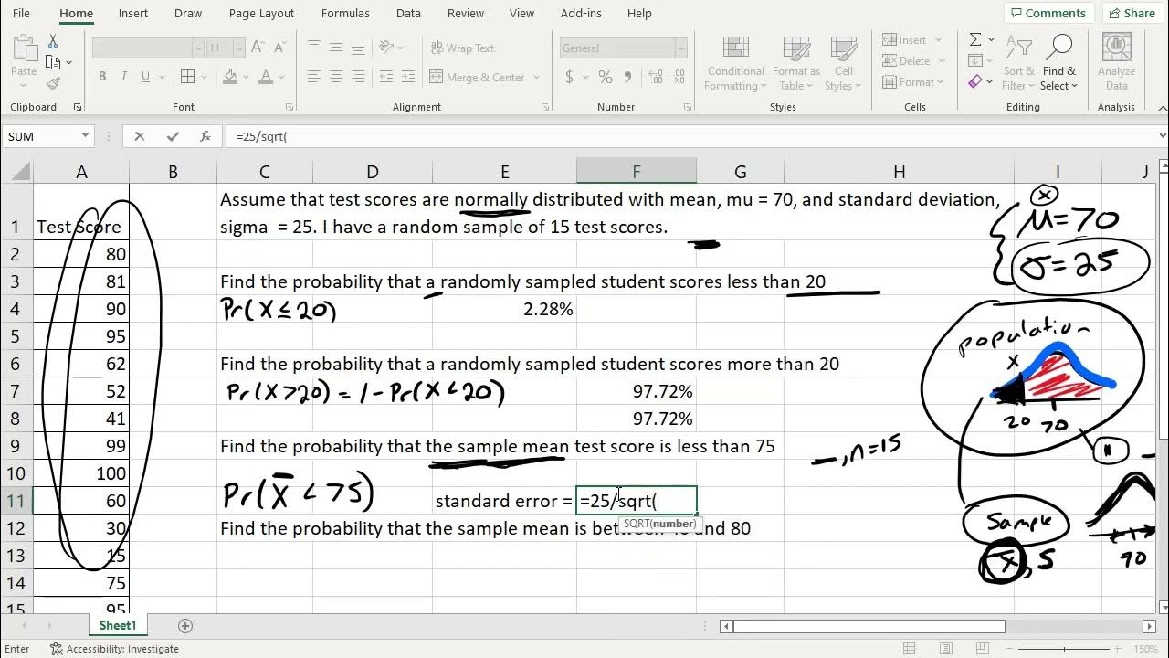 Calculating Normal Probabilities in Excel for a single observation and for the sample mean - YouTube