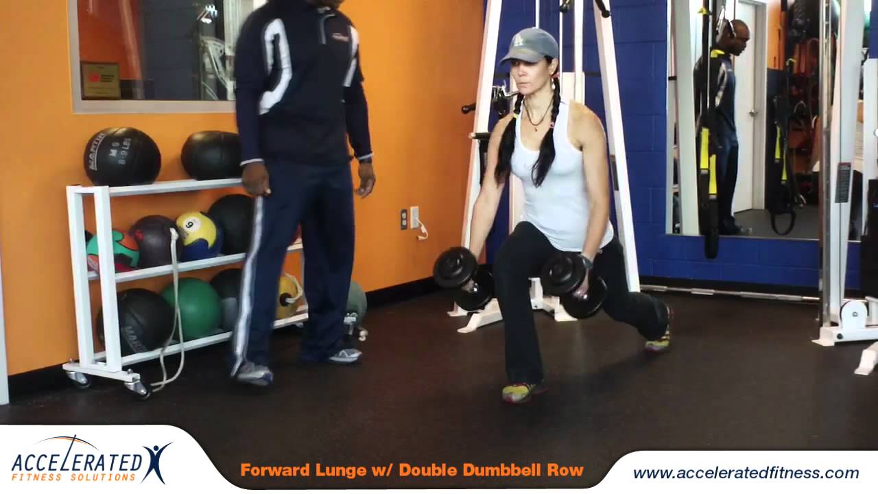 Forward Lunge w/ Double Dumbbell Row - YouTube