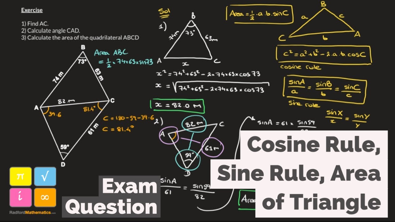 Cosine And Sine Rule Exam Question With Area Of Triangle Formula
